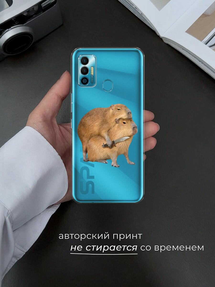 Чехол на Tecno Spark 7 / Техно Спарк 7 с принтом "Капибара с ножом", прозрачный — фото 1