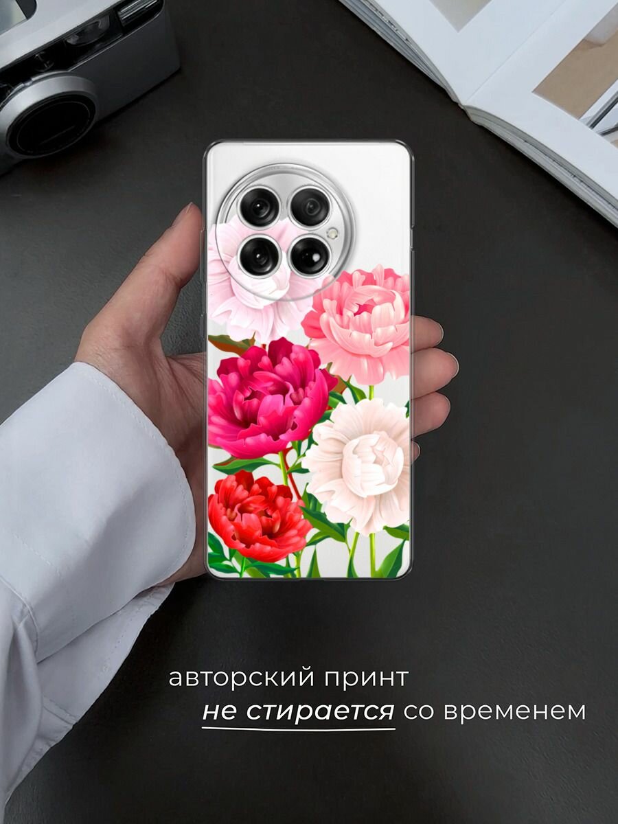 Чехол на OnePlus 13 / Ван Плас 13 с принтом "Большие пионы", прозрачный — фото 1