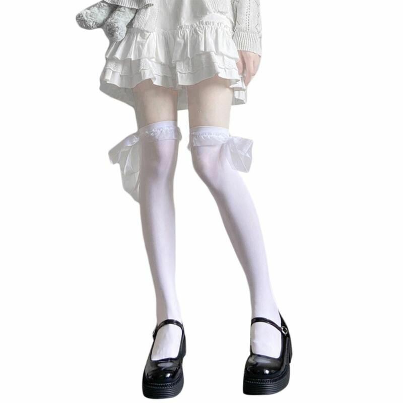 Чулки с бантиком выше колена в стиле лолиты-белый