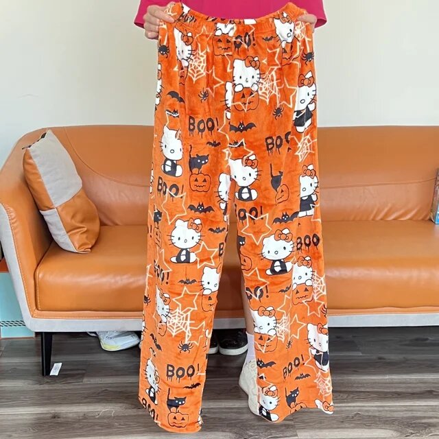 Плотные пижамные штаны Hello Kitty, мягкие длинные штаны из флиса с двойной эластичной резинкой в стиле аниме Sanrio, длинные штаны с мультяшным рисунком для женщин, подарок на день рождения или Хэллоуин.