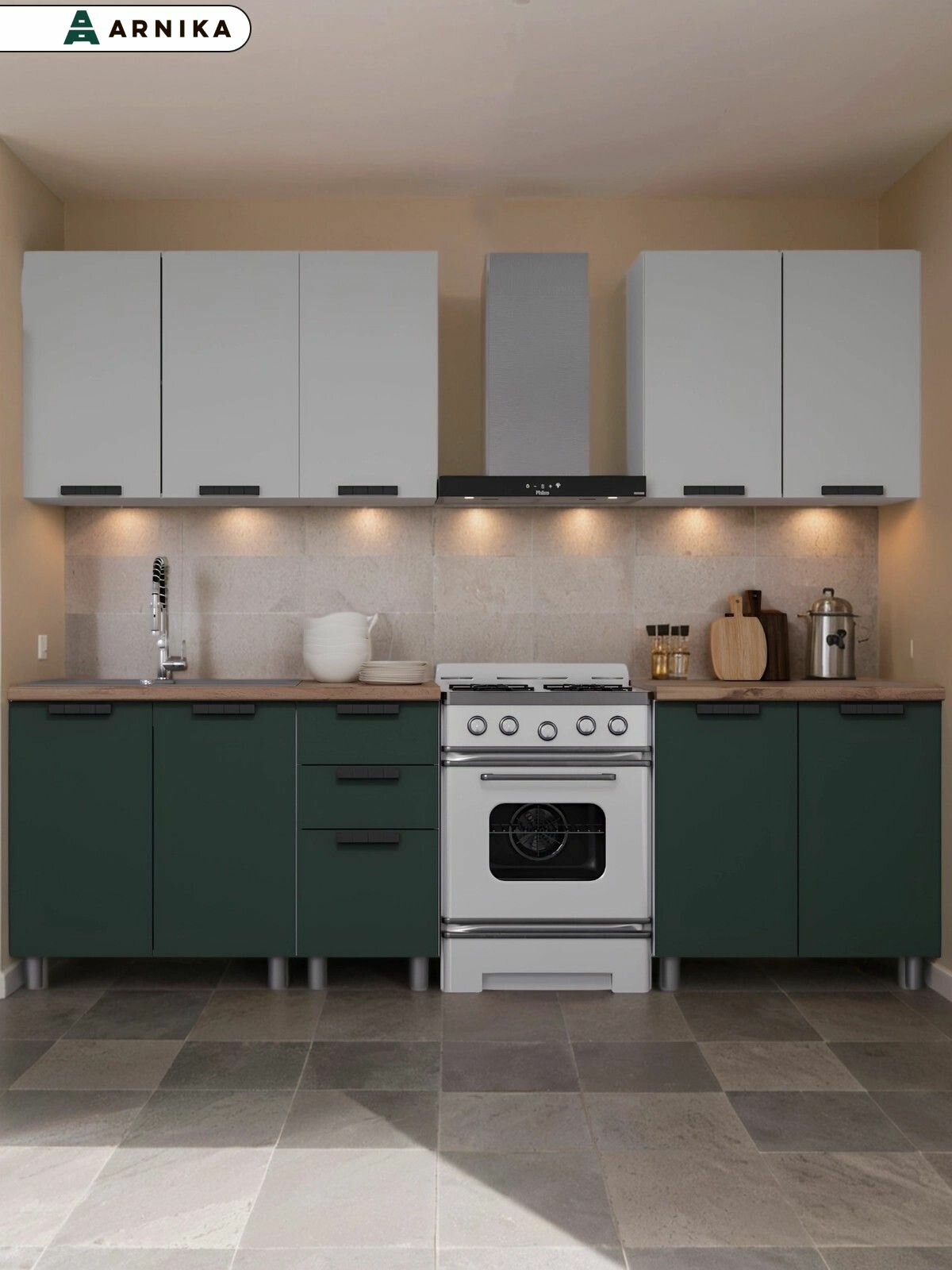 ARNIKA Кухонный гарнитур 2м со столешницей Керамика/Изумруд, скоба черный, сонома
