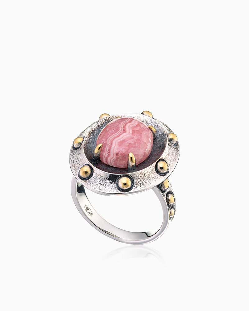 Кольцо, серебро, 925 проба, родохрозит