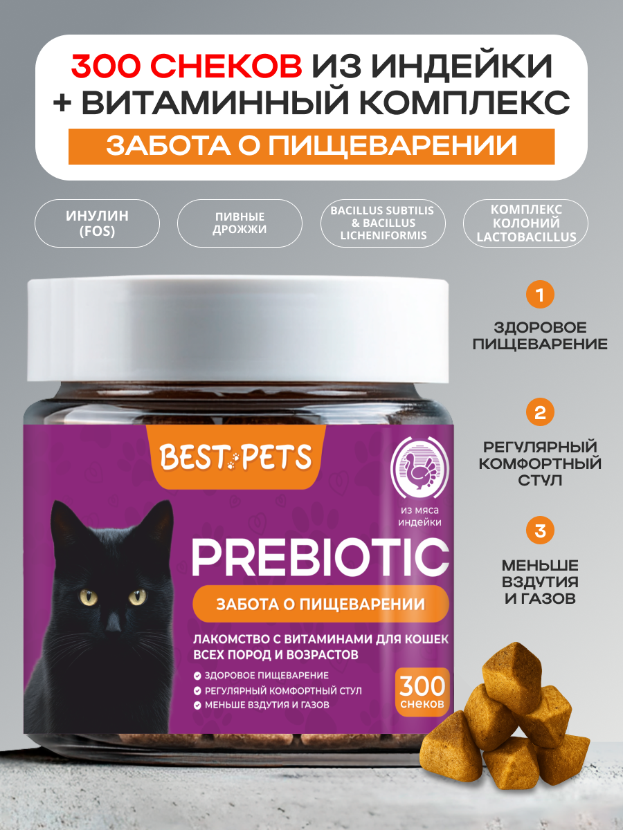 Витамины для кошек для пищеварения и ЖКТ с пребиотиками, пробиотиками и лактобактериями, 300 снеков