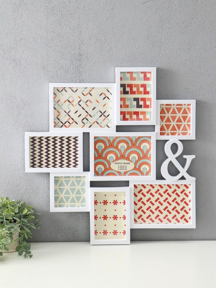 Фоторамка-коллаж на 8 фото 10×10 см, 10×15 см, 13×18 см «Значок», белая, 50.5×51.5×2 см