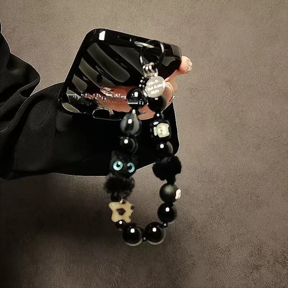 Черный кот, ремешок для мобильного телефона, браслет из бисера, автомобильный брелок, мультяшный анти-потерянный подвесной ремешок на запястье, подарок для женщин
