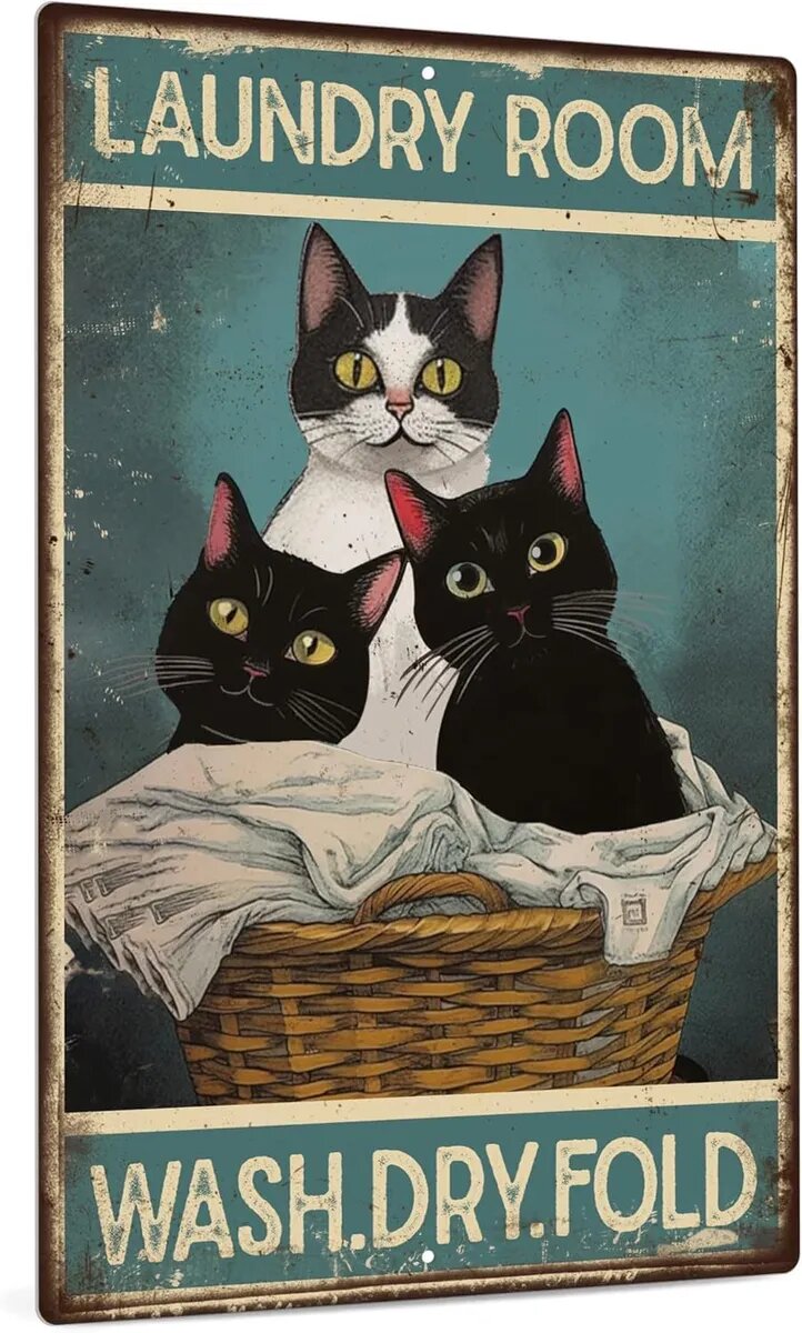 Винтажный металлический знак 20x30 см. Funny черная кошка для прачечной. Декор, подарок.