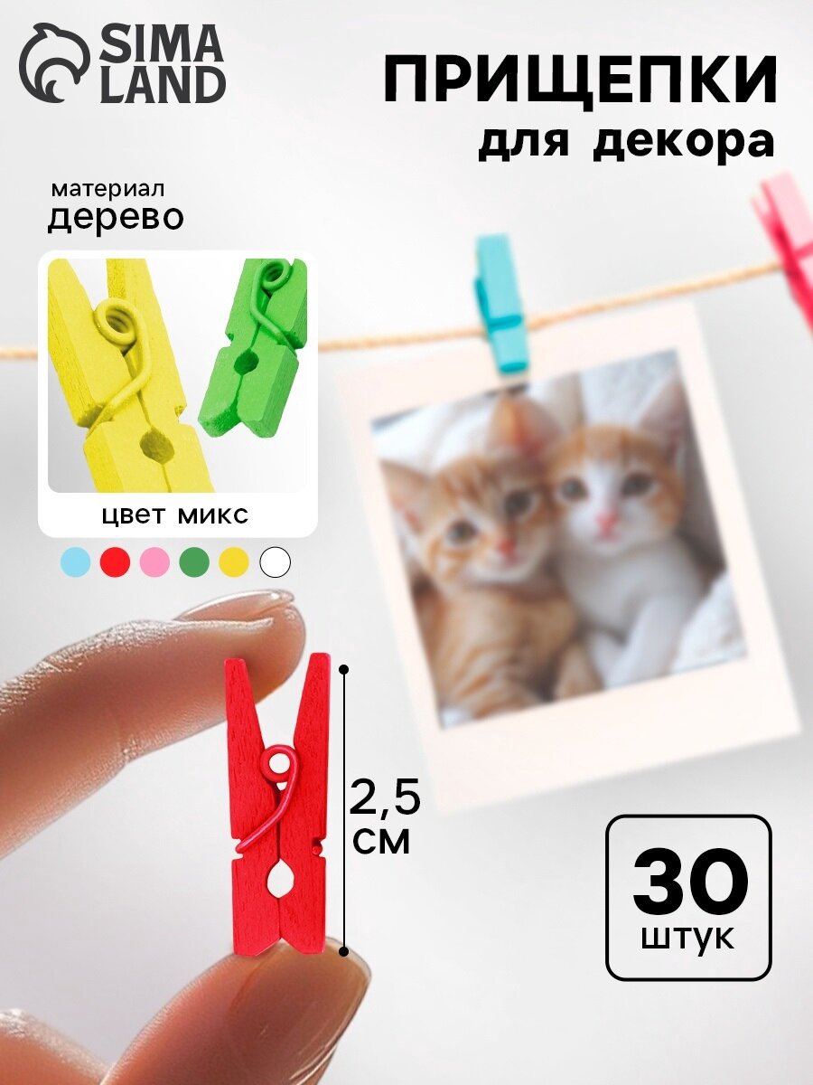 Декор для творчества дерево "Прищепка" 2,5 см (набор 30 шт) 10,5х11,5 см