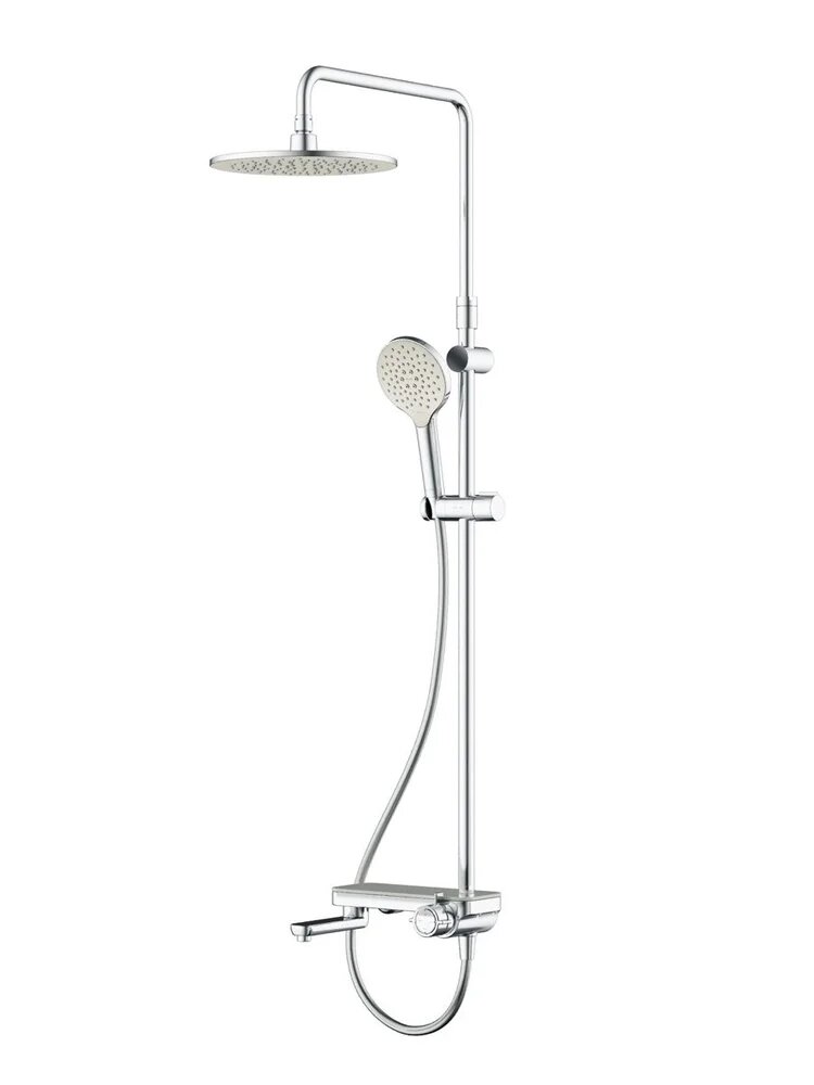 Душевая стойка AM.PM Like F0780700 со смесителем, хром, глянцевая, душевая система с тропическим душем, с изливом, с лейкой, латунная, нержавеющая сталь, рычаг сбоку