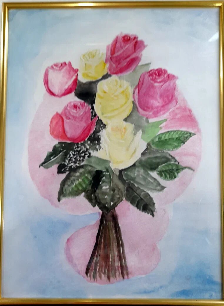 Картина Розы, Подарок, цветы, букет, акварель, живопись.