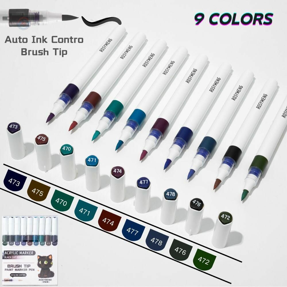 Набор акриловых маркеров для творчества с мягким наконечником, 9 цветов, для рисования на камне, дереве, керамике и холсте