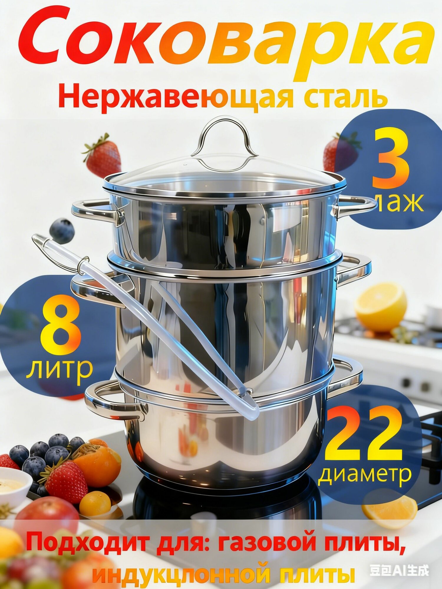 Соковарка Нержавеющая сталь, 3 яруса, 8 л