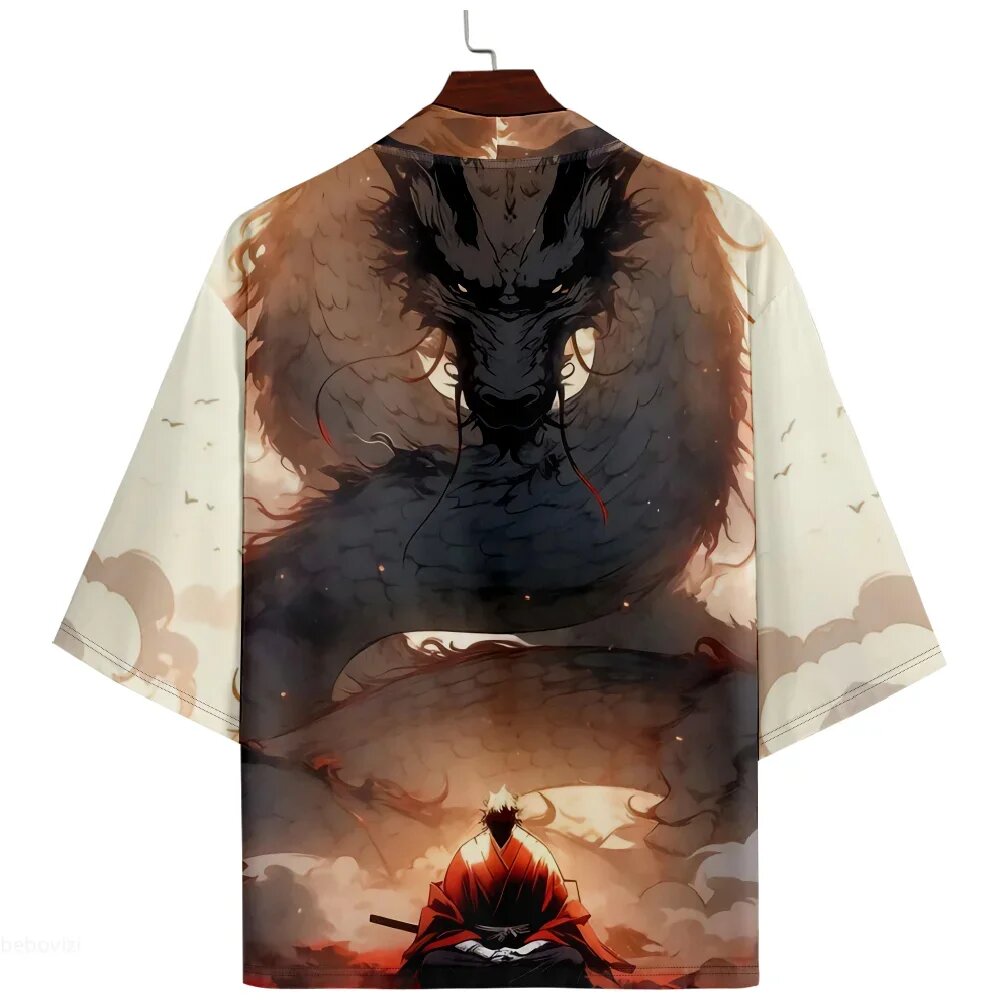 Аниме Миф Дракон Принт Кардиган Пляж Юката Японское Кимоно Уличная Одежда Мужчины Женщины Хаори Плюс Размер 4XL 5XL 6XL Самурай Косплей