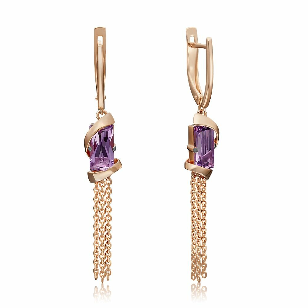 Серьги с подвесками, цепочки, красное золото, 585 проба, аметист