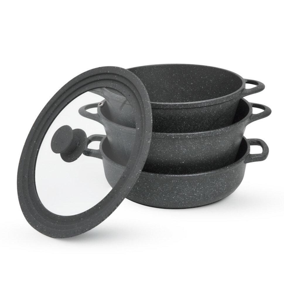 14641 FISSMAN Набор посуды 4 пр. UNIQUE PRO: Кастрюля - 24х11,5см / 3л; Кастрюля - 26х14,5см / 5л; Жаровня – 26х7,5см / 3л (алюминий с антипригарным покрытием Pfluon Coookmark) Ручки-алюминиевые; Крышка Triplex-стекло; Индукция