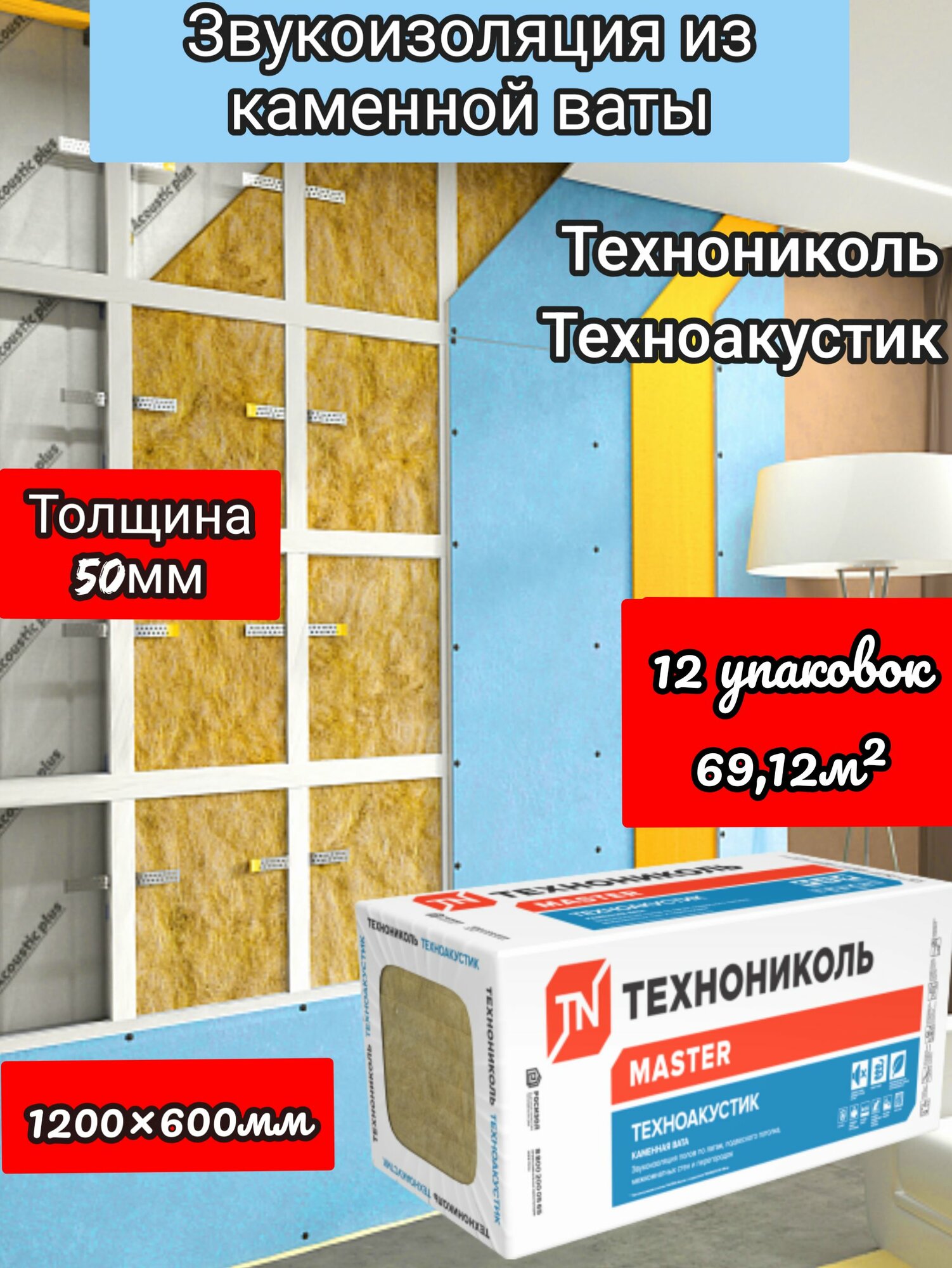 Изоляционный материал звукоизоляция из каменной ваты на основе базальта Технониколь Техноакустик 50мм, 12 упаковок 69,12м2