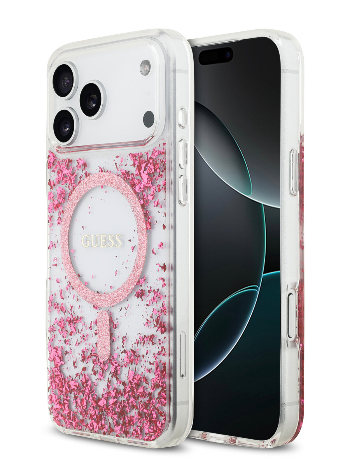 Чехол Guess на iPhone 17 Pro Max, с магнитами MagSafe, с принтом IML, с бортиком вокруг камеры, розовый