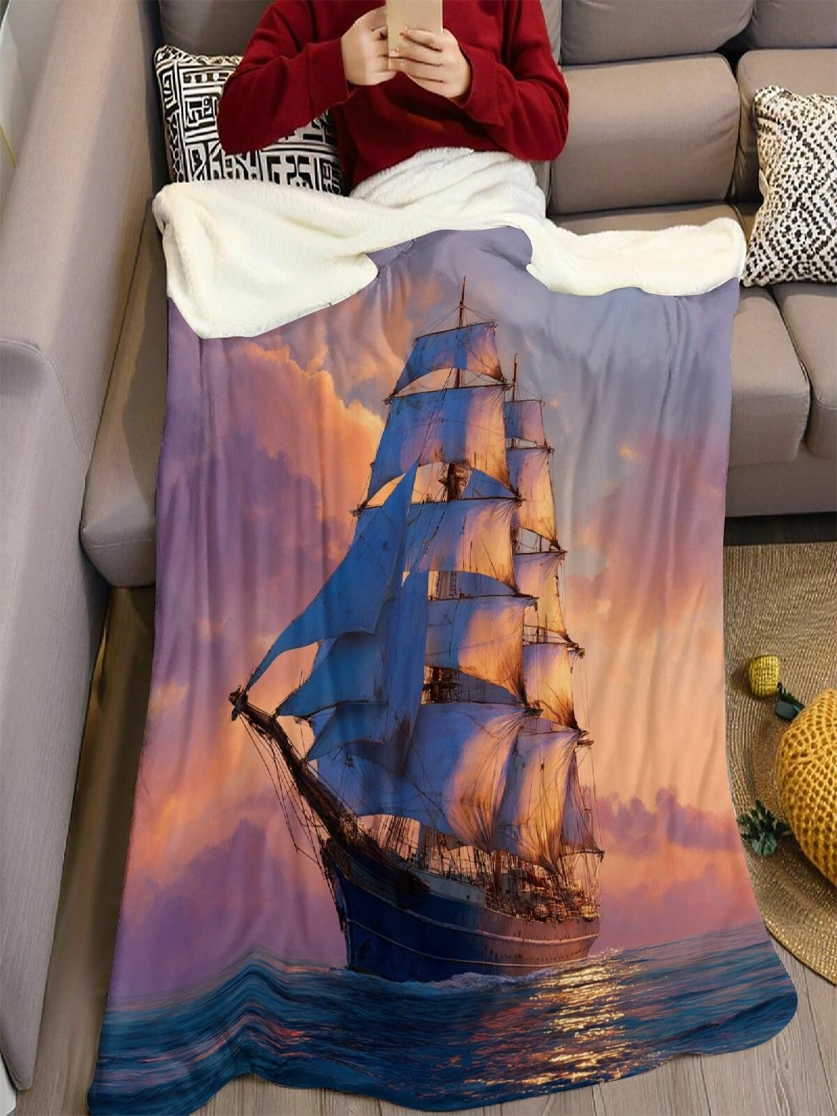 Плед 240x220 cm, пушистое мягкое одеяло с Океанский парусный спорт принтом, уютное покрывало для дивана