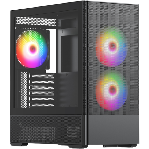 HSPD M712-TGBK-ARGB Корпус без блока питания/ Case HSPD M712, Mesh Mid Tower, Black, TG, 0.6 SPCC, 3x140mm ARGB, E-ATX,