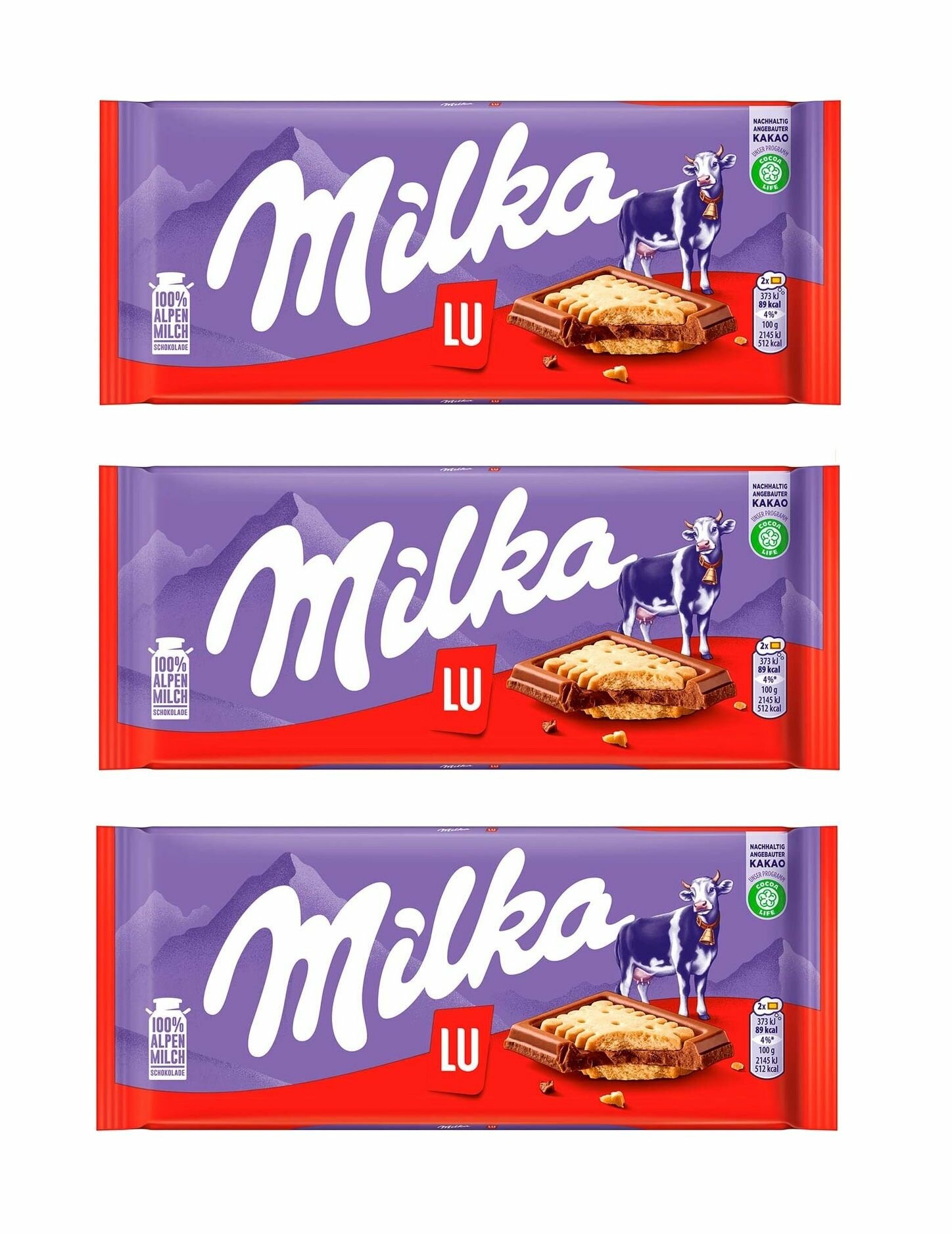 Шоколадная плитка Milka LU с печеньем, 3 шт. по 87 гр. (Европа)