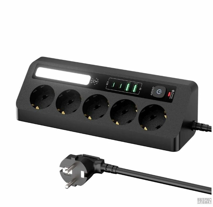 Сетевой фильтр настольный, 5 розетки + 2 USB и 2 TYPE-C, кабель 1.8м, с ночником