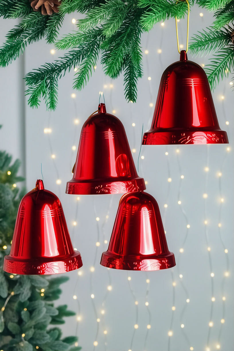 Набор ёлочных игрушек колокольчики - звонкий глянец, пластик, красный, 10 см, 4 шт, Winter Deco 1000877