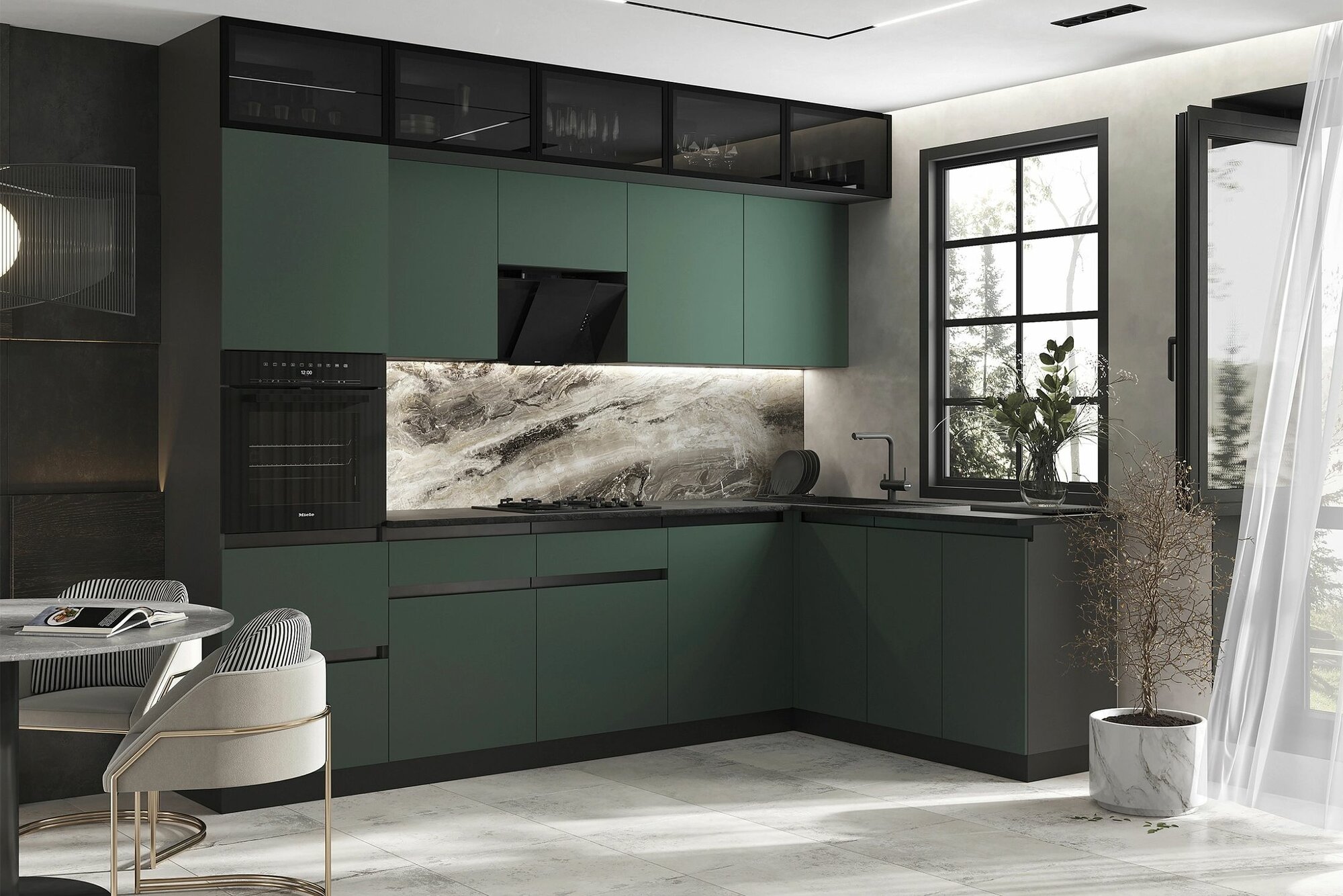 Кухня Техно-6 3,0х1,8м (Графит/Браш Мени Грин)