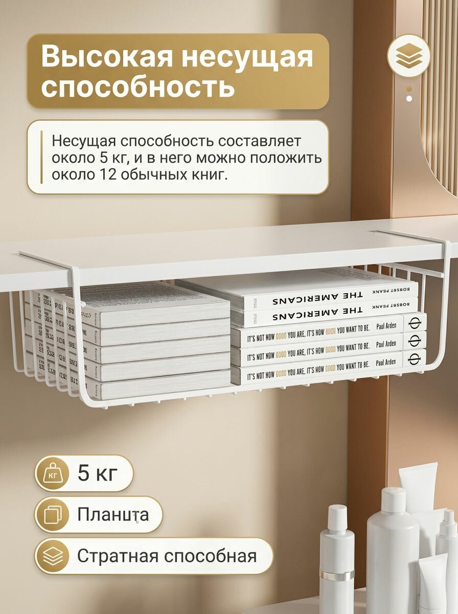 Держатель кухонный подвесной, органайзер для кухни, корзина металлическая на полку для хранения кухонных принадлежностей, 40х23,9х14,2 см, белая