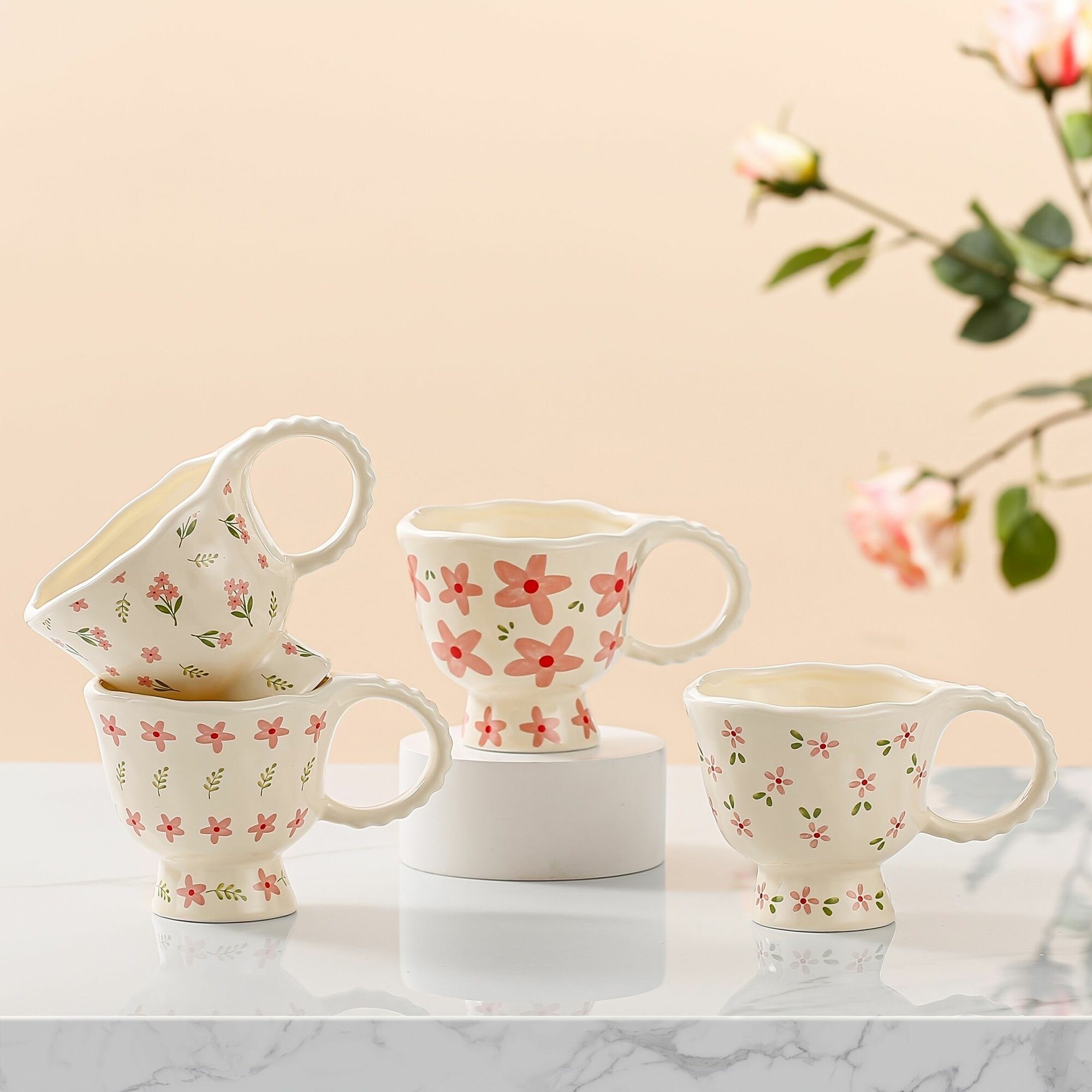 Кофейная чашка с цветами, кружка с высокими ногами, кружка с цветочным молоком, чашка с водой, 300 мл, модель D