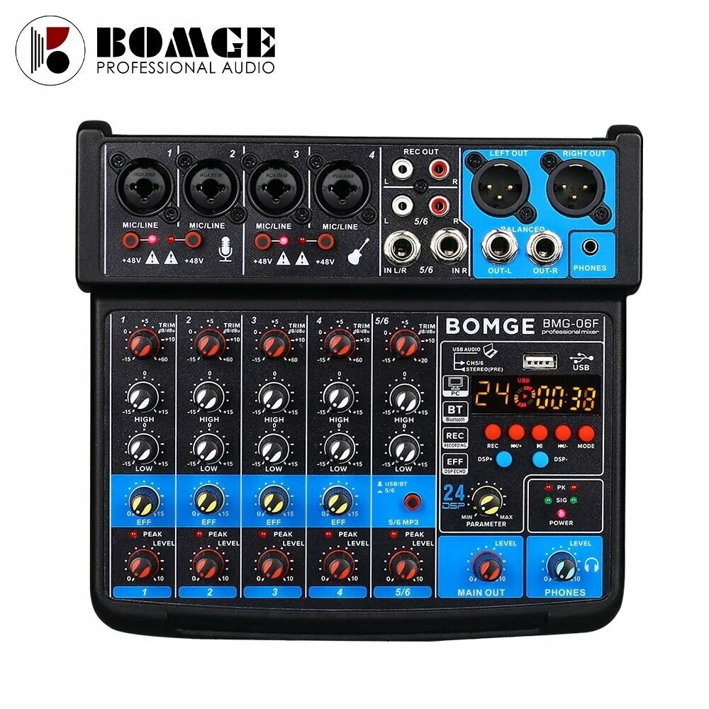 BOMGE 6-канальный мини-диджейский звуковой микшер с интерфейсом MP3, USB, Bluetooth, стереозаписью, фантомным питанием 48 В, 24 DSP для караоке, производительности, потоковой передачи