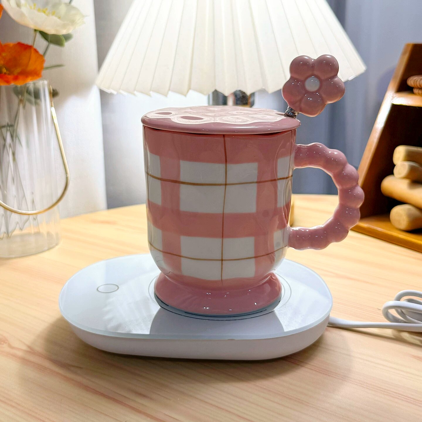 Фиолетовая кружка в клетку с крышкой и ложкой, керамическая чашка, парные чашки для воды, подарок на день рождения для