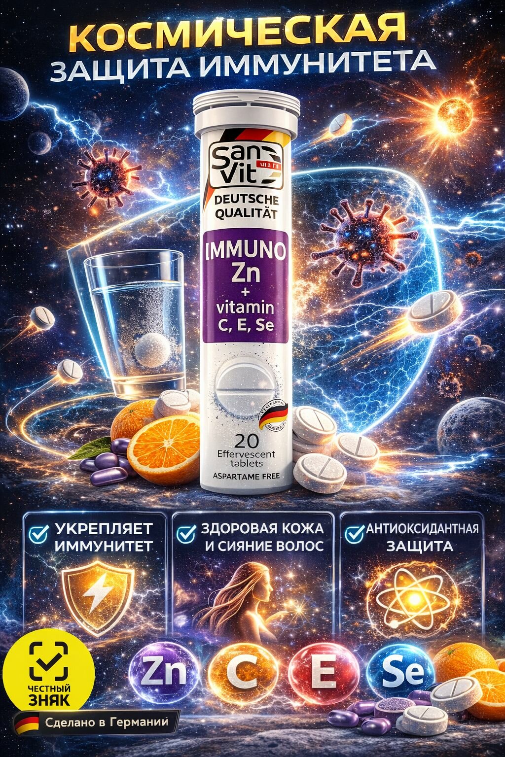 Цинк 20 мг "SanoUltraVit", шипучие таблетки, с витаминами C, E и селеном, 20 штук