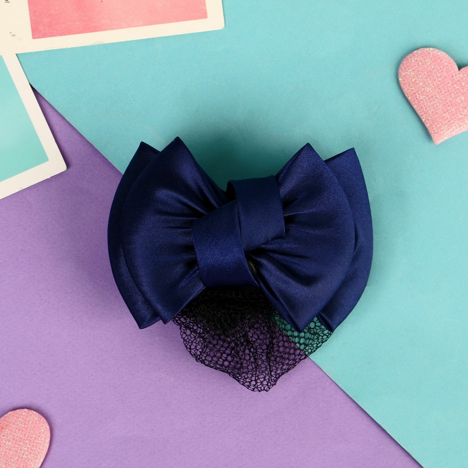 Заколка - автомат для волос "Бантик", с сеточкой для пучка, d=10 см, синяя