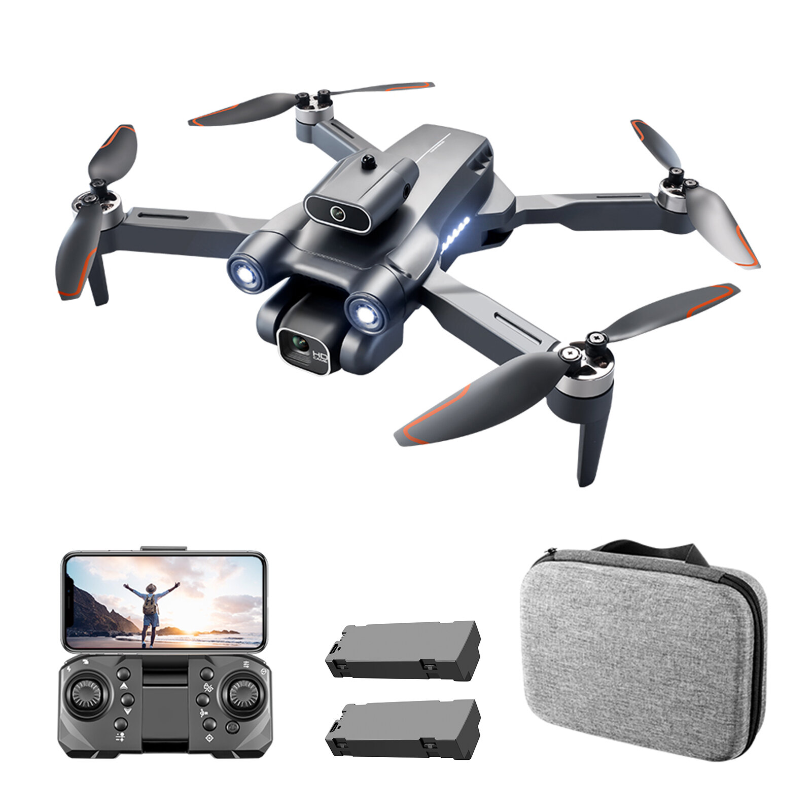 Беспилотник с пультом управления с двойной камерой 4K, складывающийся квадрокоптер с функцией обхода препятствий, оптико потоковой позиционированием, фотосъемкой по жесту, с сумкой для хранения, 2 батареями, темно-серый цвет