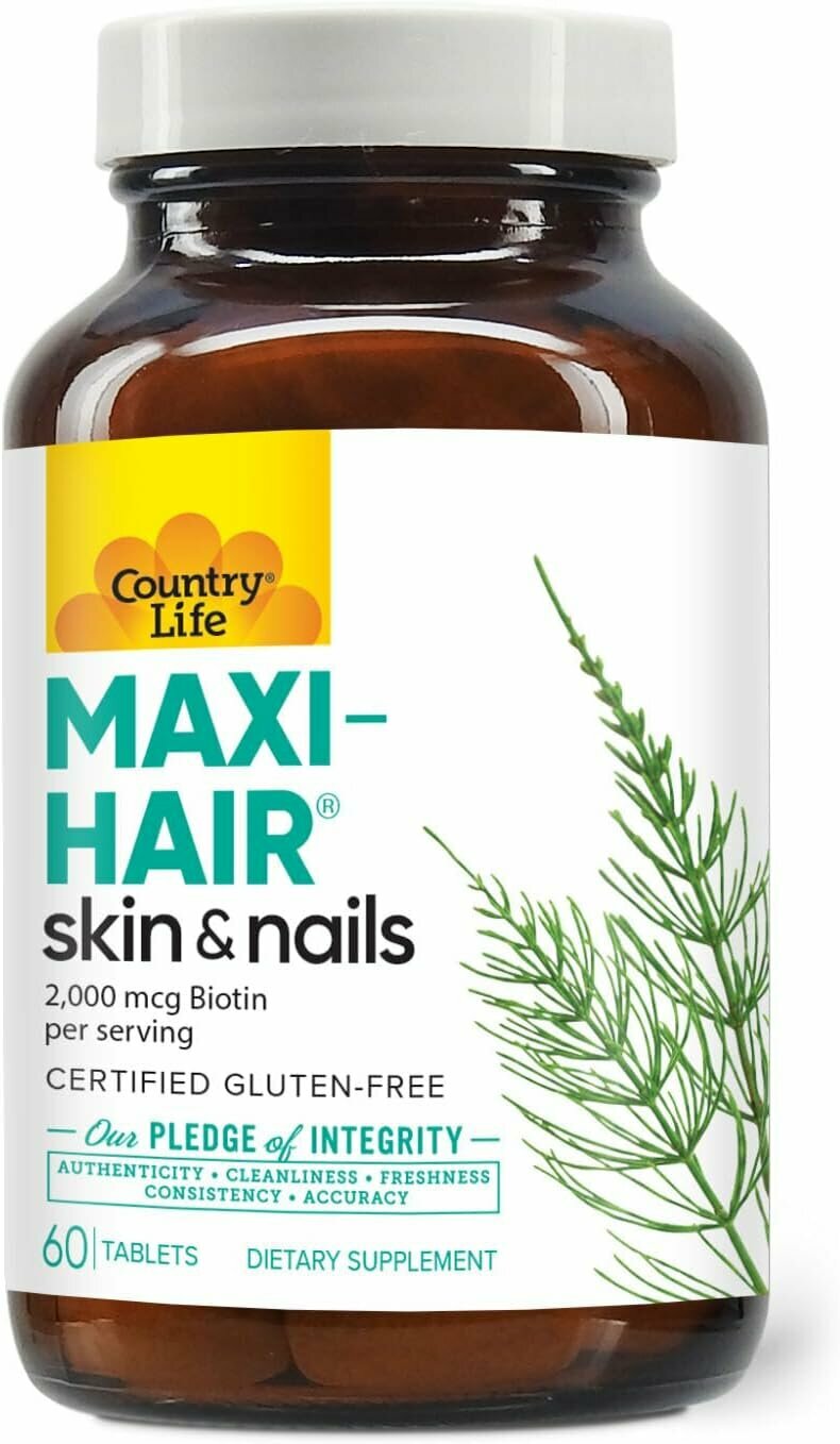 Волосы, Кожа, Ногти, витамины, Country Life, Maxi-Hair для кожи и ногтей, 60 таблеток
