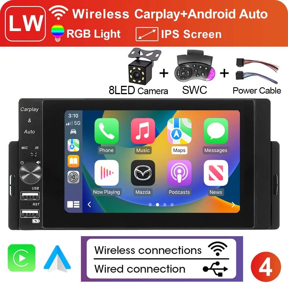LEHX 1din Автомобильная стереосистема Беспроводная Carplay Android Auto Wireless-5504-8LED
