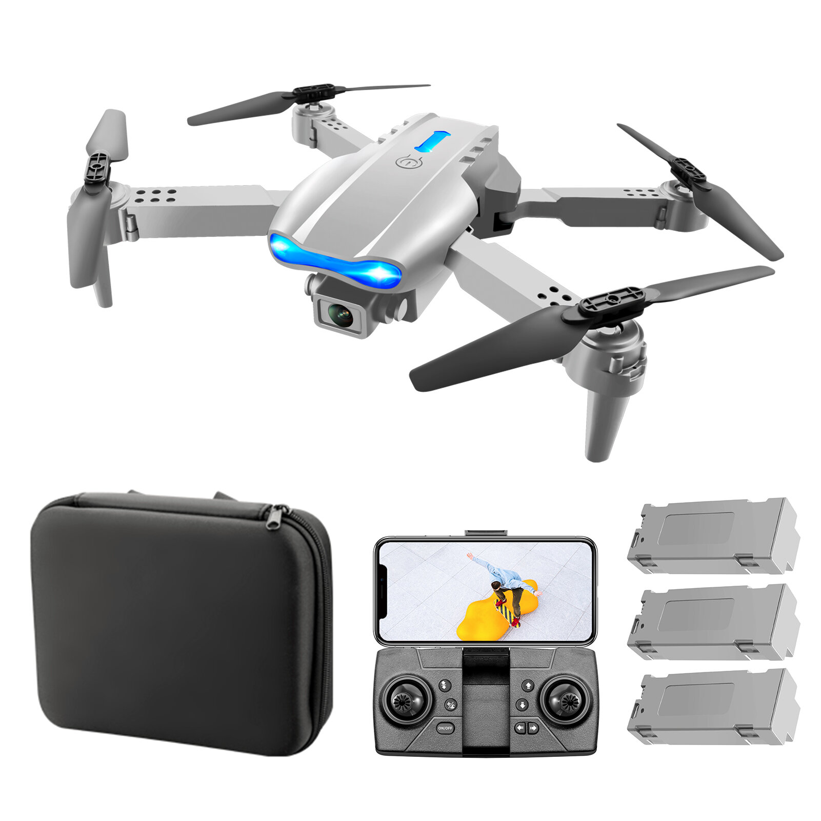 RC Drone с камерой 4K Двойная камера RC Квадрокоптер с функцией Обнаружение препятствий Траекторный полет Управление жестами Сумка для хранения Пакет 3 батарейки