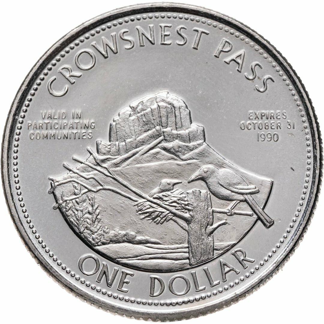 Канада, провинция Альберта, монетовидный жетон 1 доллар 1990 "Bellevue mine - Crowsnest Pass"