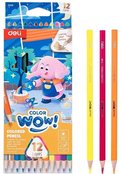 Карандаши цв. Deli EC140 Colorwow 3мм трехгран. 12цв. карт. кор. (12шт) 12 карандашей (1 золотой, 1 серебристый, 5 неоновых, 5 металлик)