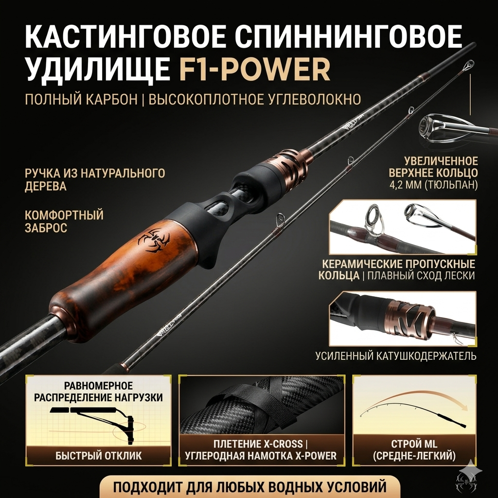 Спиннинг ROLL FISH Light 1.8-2.7м 5-30г быстрый строй, деревянная ручка, ультралегкий 150г, для форели, окуня, голавля
