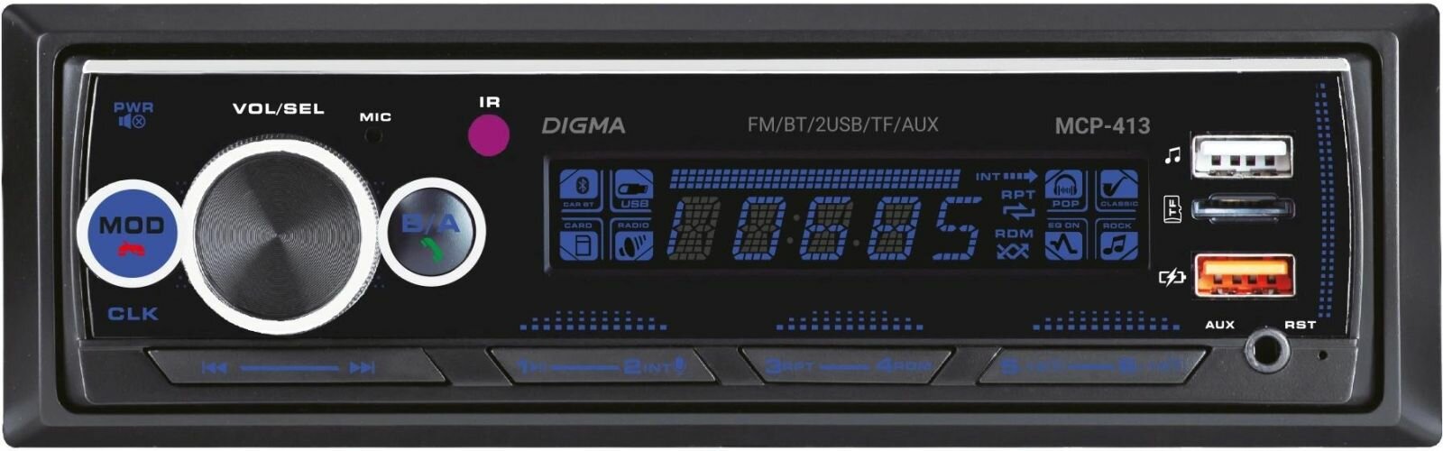 Автомагнитола DIGMA 1DIN 4х45 Вт, v5,0 USB 2,0 AUх 4 ПДУ (MCP-413)