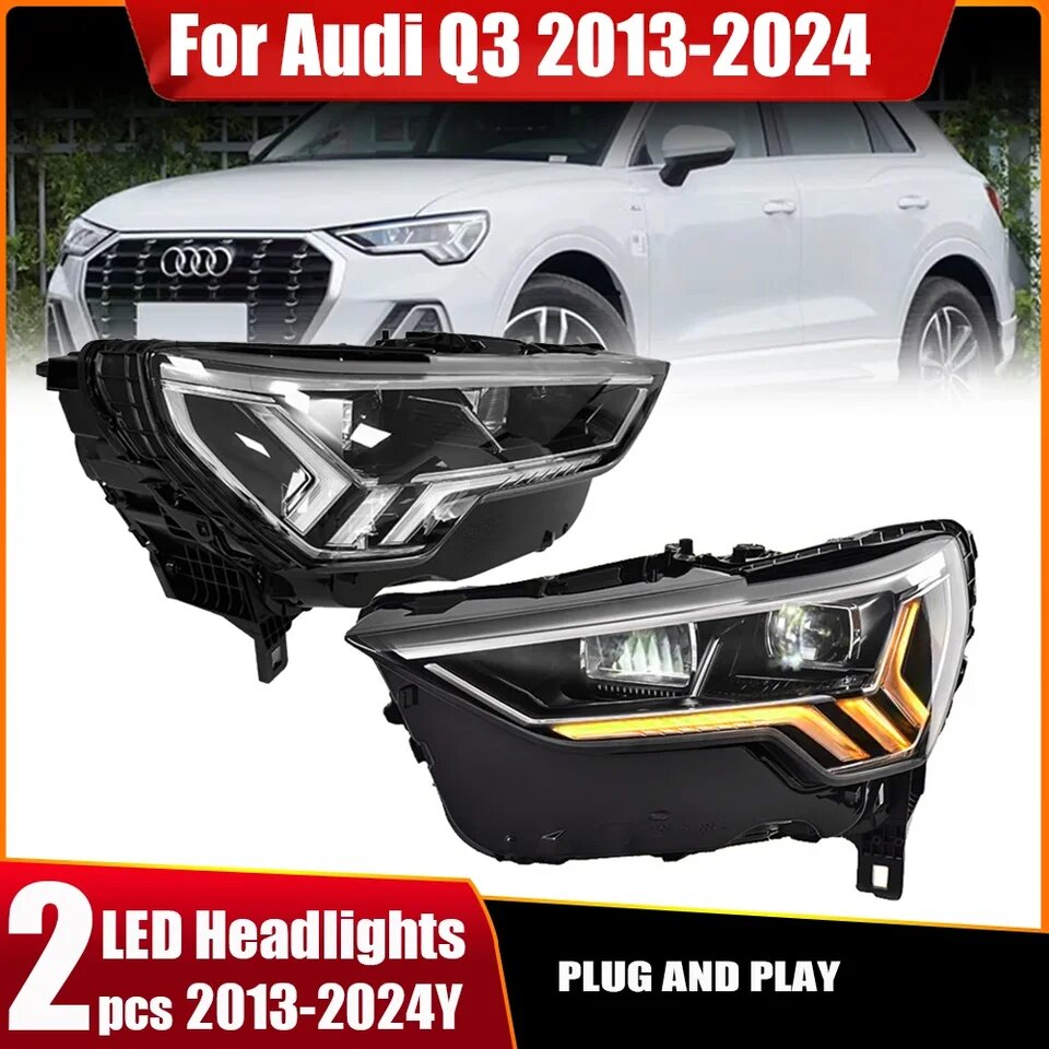 Фары для Audi Q3 2019 2020 2021 2022 2023 Полноценные сборки светодиодных фар с улучшенным проекционным линзой и аксессуарами высокого стиля