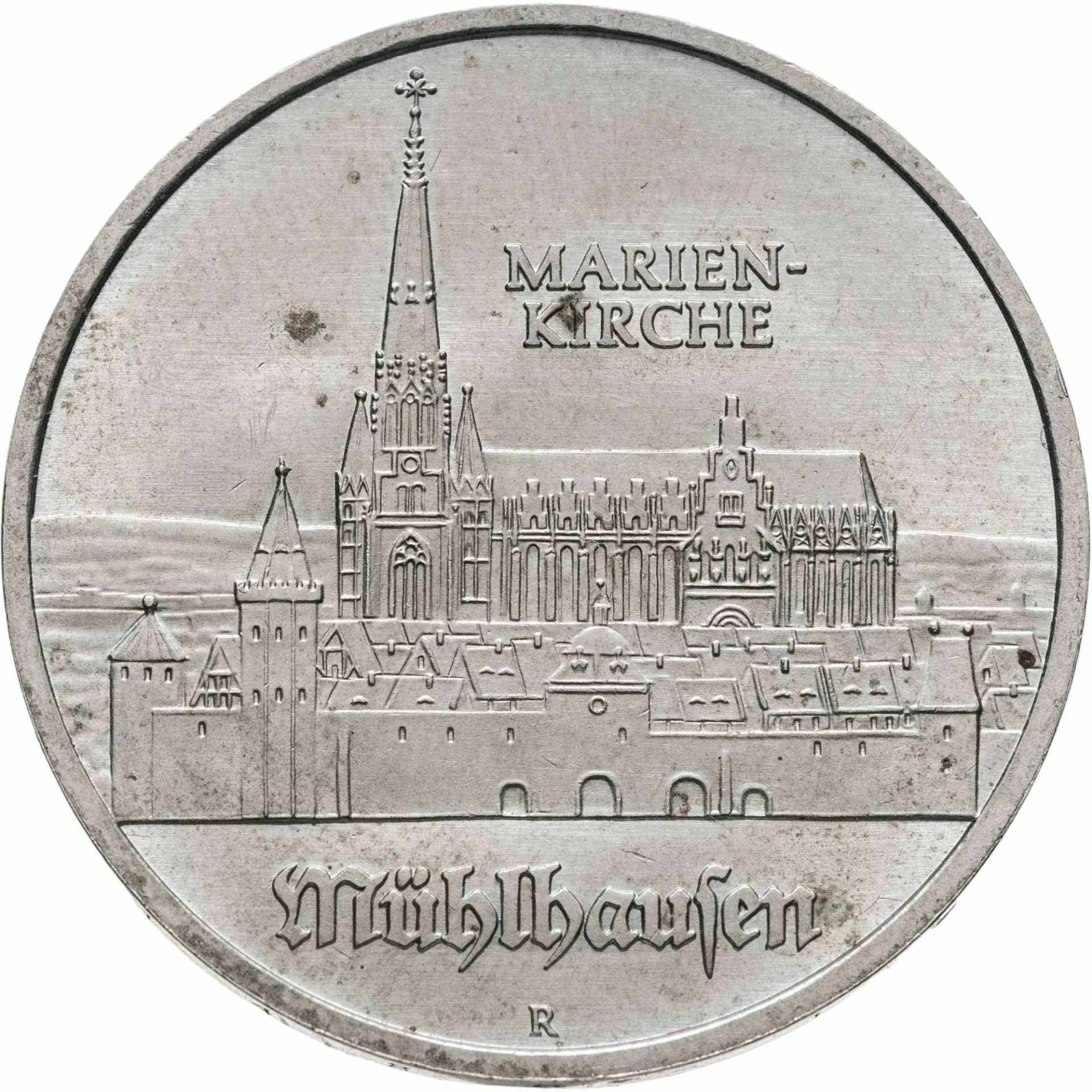 Германия ГДР 5 марок 1989 500 лет со дня рождения Томаса Мюнцера, Церковь Св Марии в Мюльхаузен, Медь, в сохранности AU