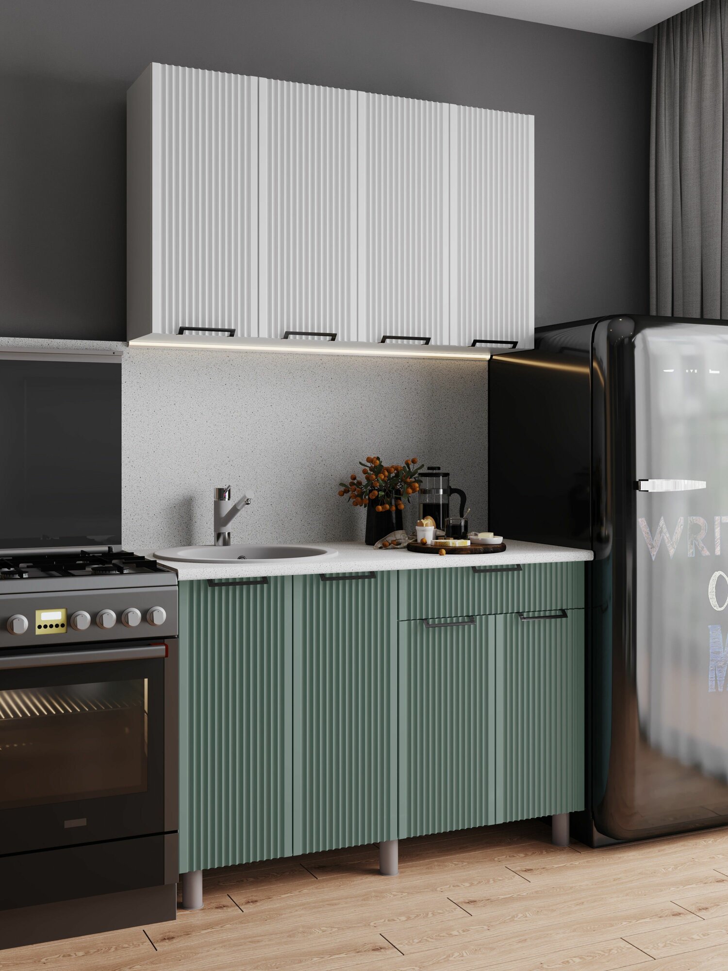 Кухонный гарнитур Кампео МДФ 1,2м белый снег/бриз без столешницы