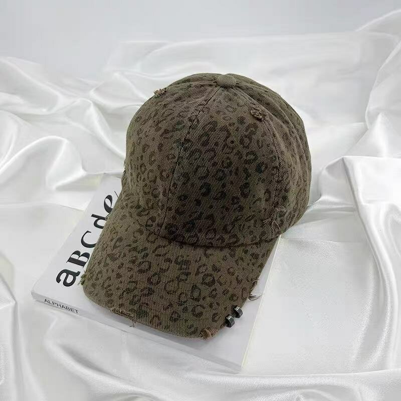 Бейсболка с длинными полями, рваная, в стиле ранней осени, стираная, старая, с леопардовым принтом, для женщин, универсальная, с изображением лица, маленькая кепка-утконос