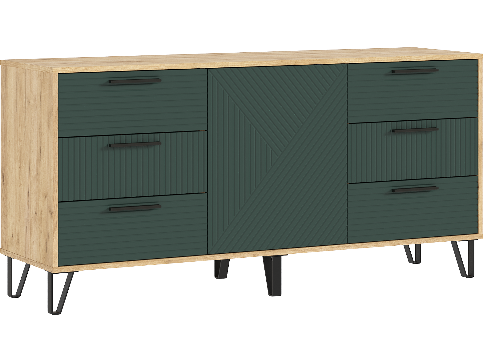 Комод 1500 в современном стиле, с фрезеровкой, браш мени грин/дуб крафт