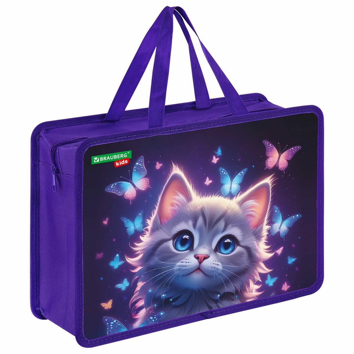 Папка с ручками А4 Brauberg Kids, 1 отделение, пластик, на молнии, 100мм, "Curious cat" (273376)