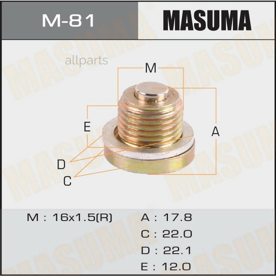 MASUMA M-81 Болт маслосливной A/T С магнитом (с шайбой) RENAULT 16x1.5(R) MASUMA M-81
