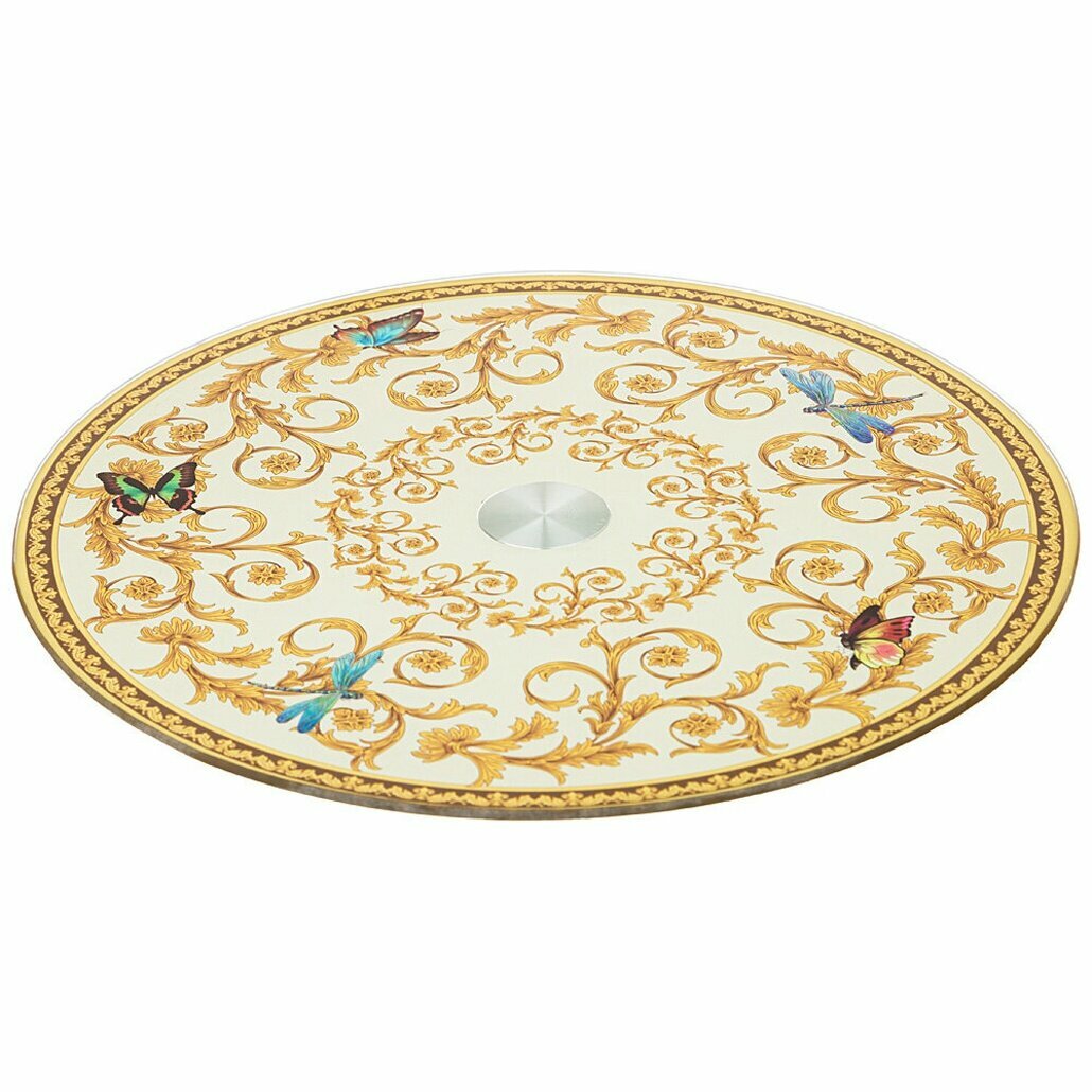 Тортовница вращающаяся 30см "Monogram", стеклянная с золотым узором, для сервировки десертов