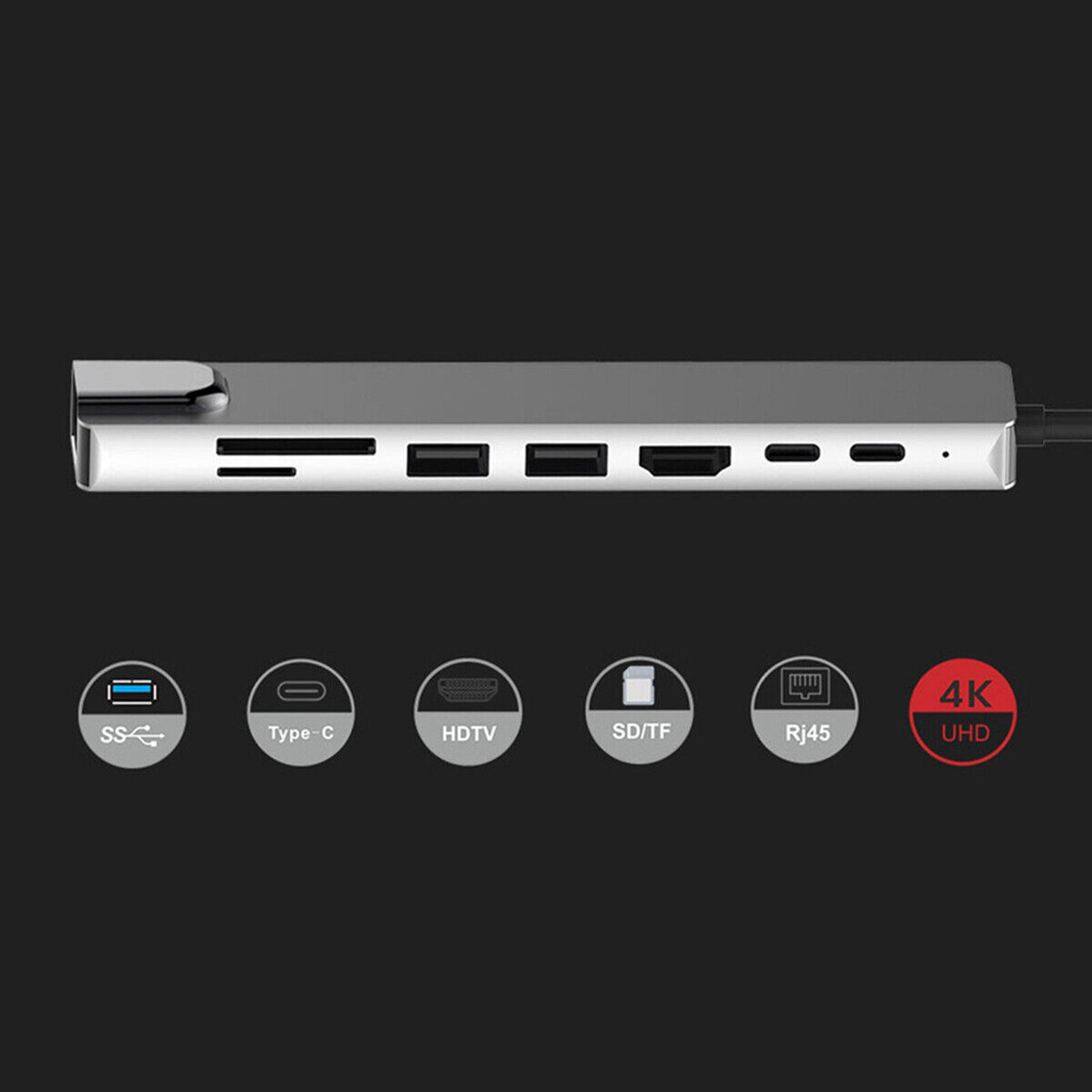 Док-станция/концентратор USB-C 8-в-1, адаптер с 4K HDMI, RJ45 Ethernet, USB 2.0 портами, зарядкой PD, совместим с ПК, ноутбуком, ТВ