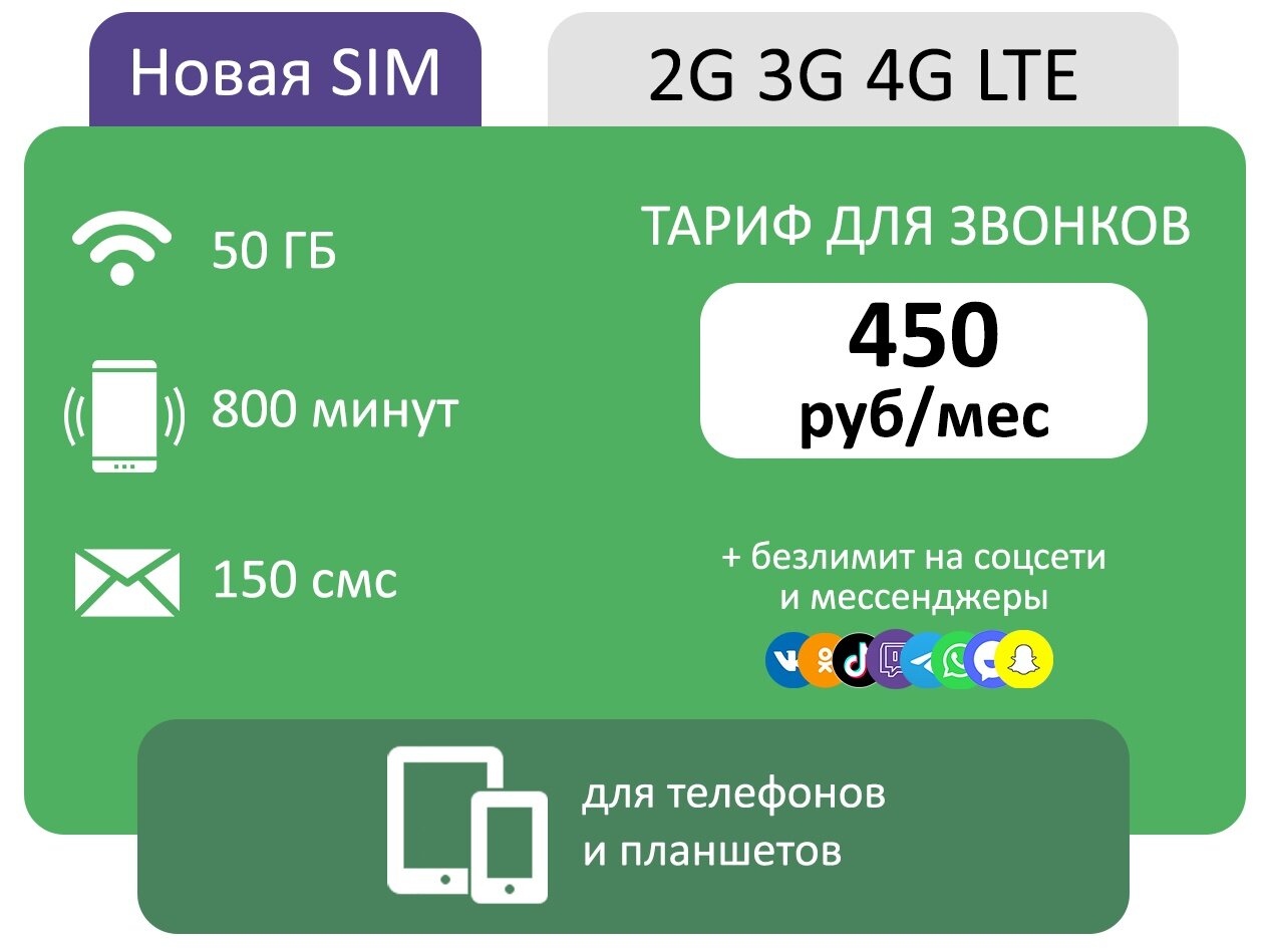 Сим карта для звонков 800 мин и 50 гб интернета АП 450 р